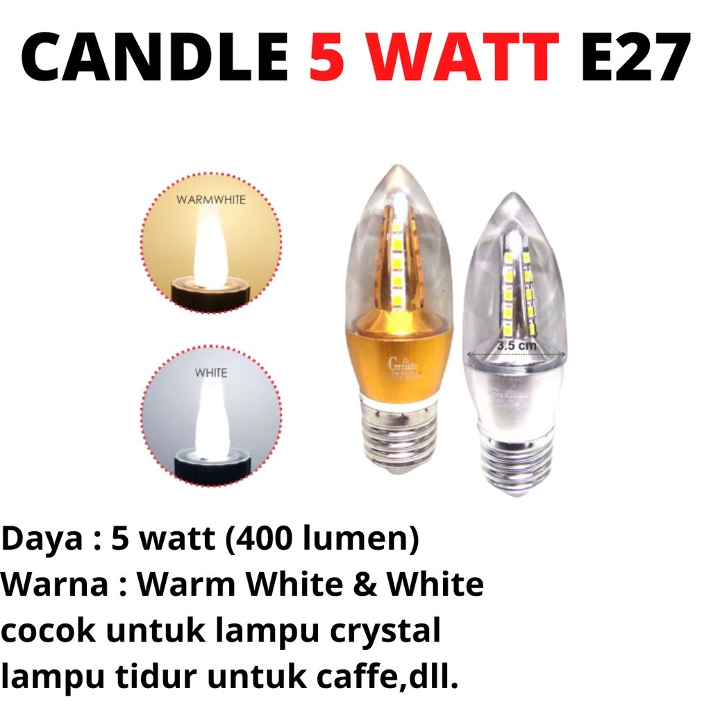 Jual LAMPU CANDEL LED BOHLAM CANDEL SMD 5WATT E14 E27 PUTIH KUNING TERANG | Shopee Indonesia