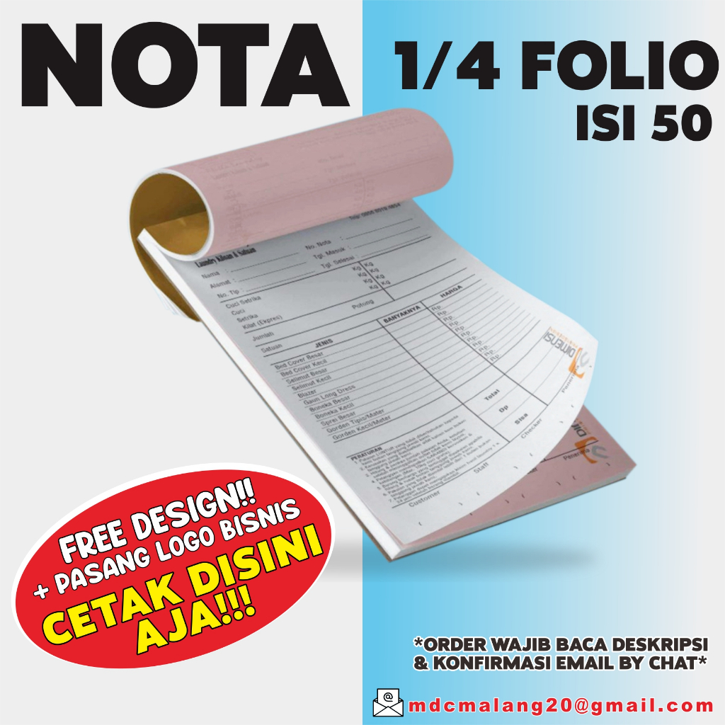 Jual NOTA 1 WARNA 1/4 FOLIO ISI 50 LEMBAR - CUSTOM DESAIN LOGO CUSTOMER ...