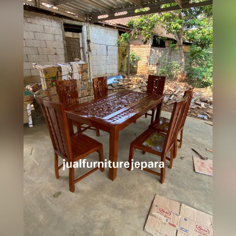 Jual set meja makan kepang kayu jati 6 kursi, meja makan 6 kursi kayu jati jepara | Shopee Indonesia
