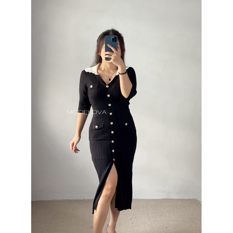 Jual MDLV ~ D8280# Knit Shirt Dress Midi – Racquell Slim Silhouette ...