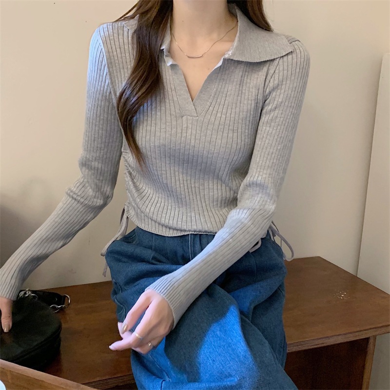Jual Atasan Kerah Polos Rajut Wanita Kaos berkerah Polo Vneck Tali Serut Style Korea | Shopee ...