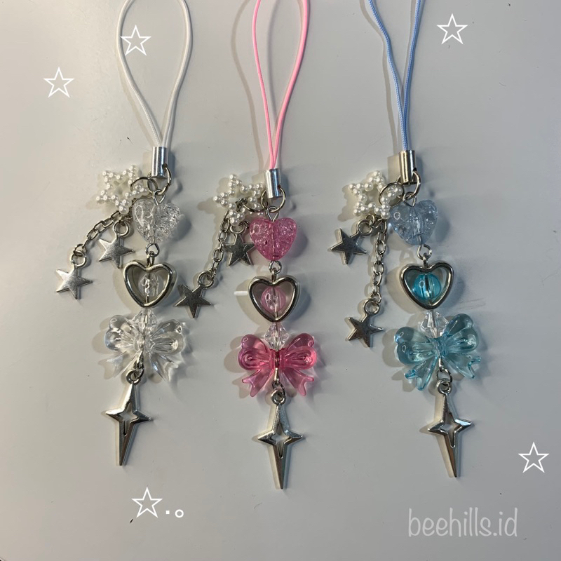 Jual sparkle heart phone strap beads | phone charm keychain gantungan ...