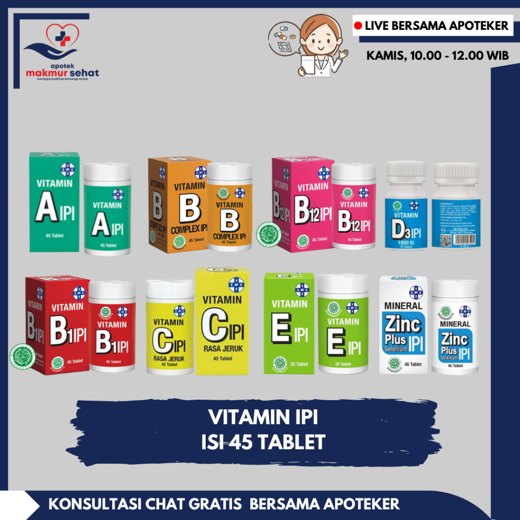 Jual Vitamin A IPI / B1 IPI / B12 IPI / B COMPLEX IPI / C IPI / E IPI / ZINC IPI - Isi 45 Tablet ...