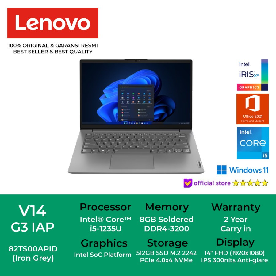 Jual LENOVO V14 G3 IAP 82TS00APID Core i5 1235U 8GB 512GB Iris Xe W11 OHS | Shopee Indonesia
