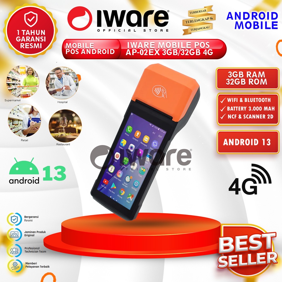 Jual Iware Mobile Pos Android 13 AP-02EX 3/32GB 4G With Printer 58mm ...