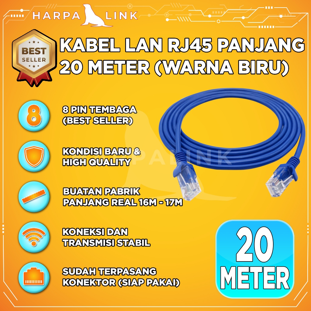 Jual Kabel LAN Cat5e UTP 20 Meter Pabrikan High Quality Biru Kabel LAN UTP Cat5e 20M Siap Pakai ...