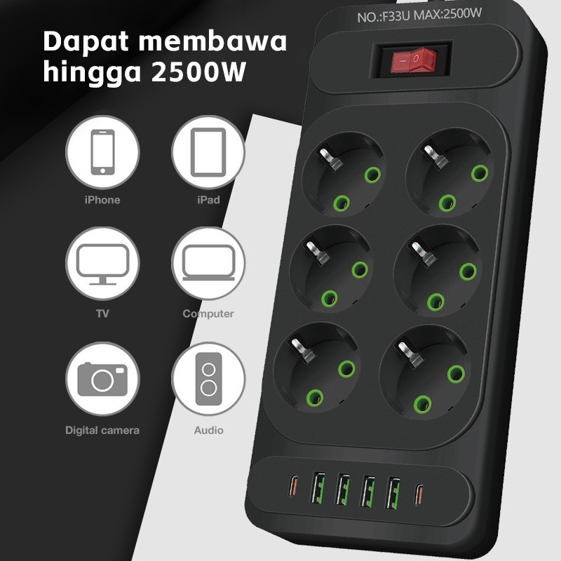 Jual PHK 2500W Power Strip Power Socket Charger Stop Kontak Usb Charger 2Meter | Power Socket ...