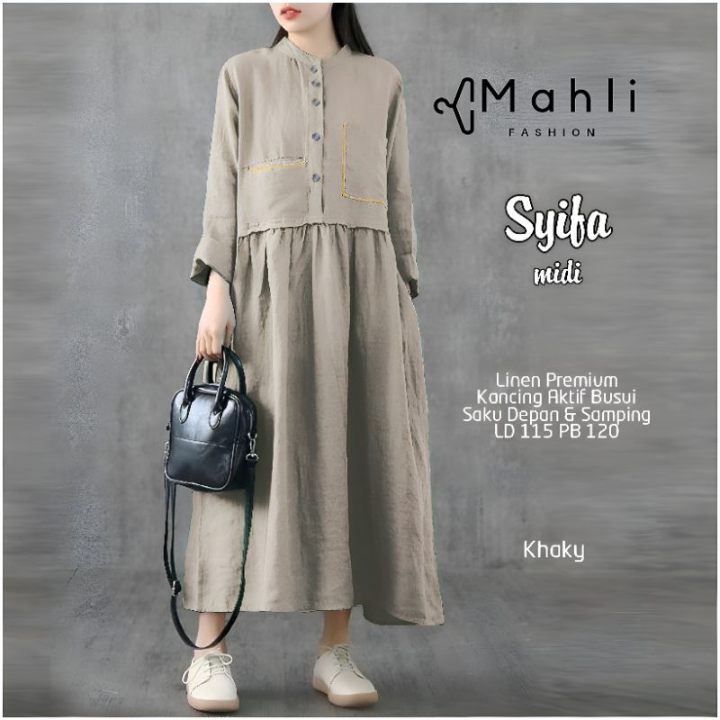 Jual Midi Dress Korean Style Linen Premium Syifa Midi Ld 115 Busui Kekinian Tebal Tidak Nerawang ...