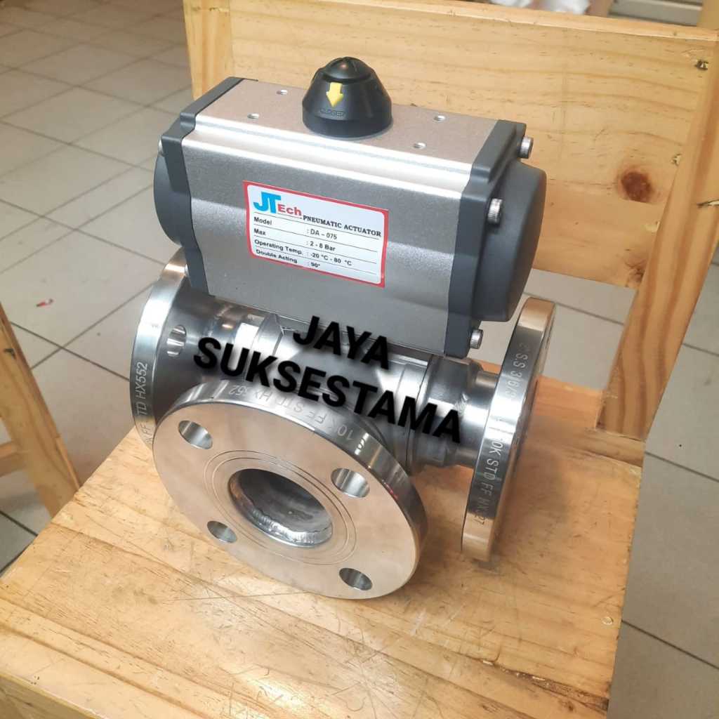 Jual Ball Valve 3 Way Flange JIS 10K 2" inch Stainless SS 316 + Pneumatic Actuator SS316 ...