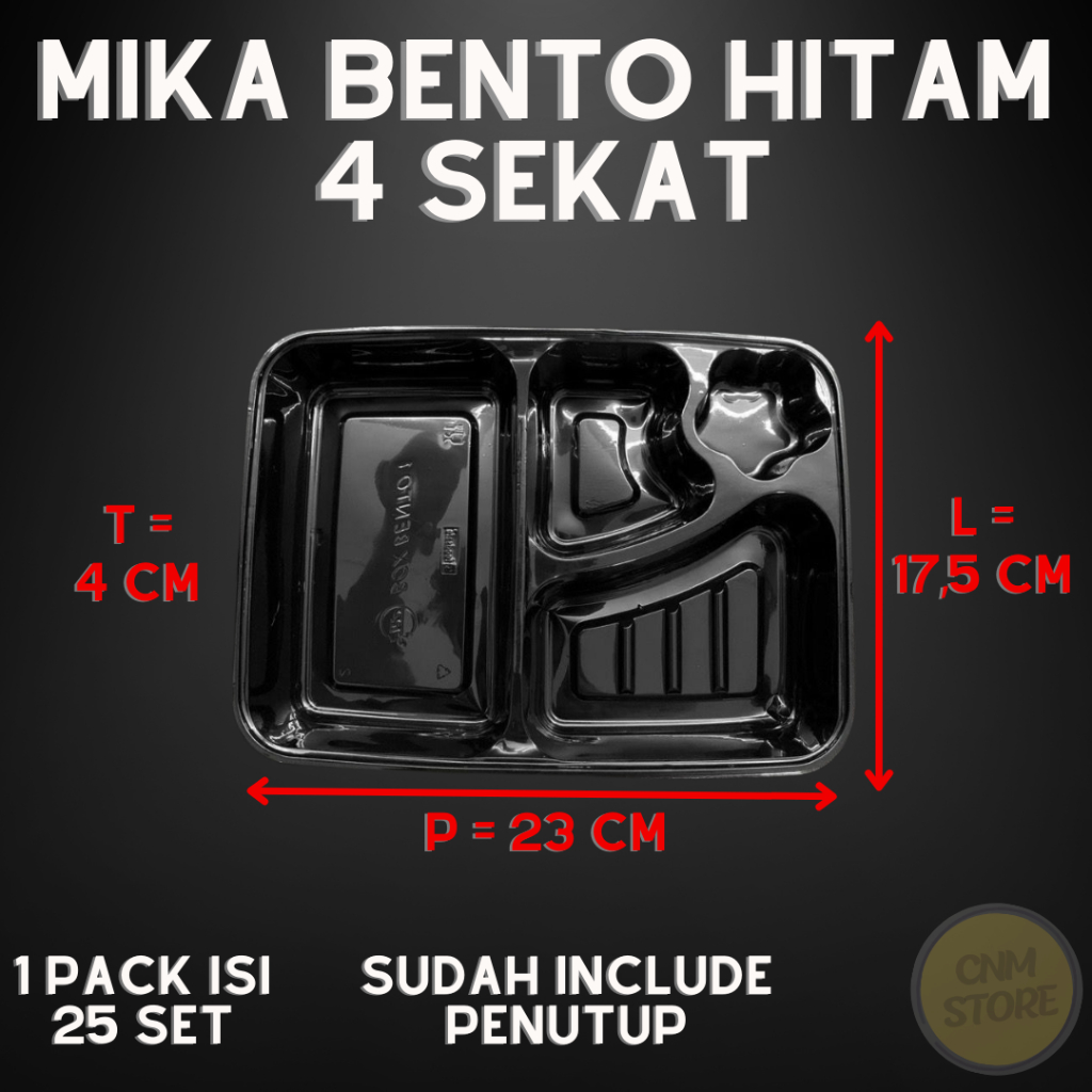 Jual Kotak Bento Mika 4 Sekat Set + Tutup Bening / Mika Bento Hitam ...