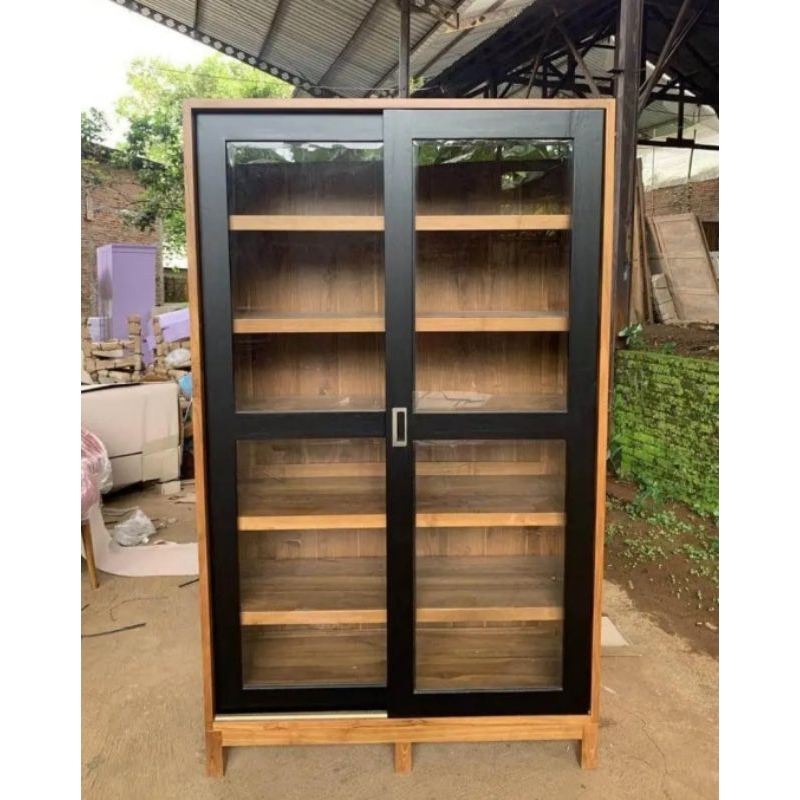 Jual lemari kaca 2 pintu full kayu jati, lemari pajangan sliding ...