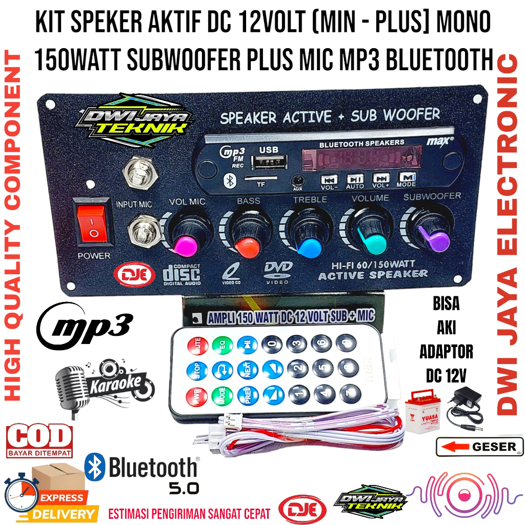 Jual Kit Speker Active DC 12Volt Mono Subwoofer Mic Plus MP3 Bluetooth ...