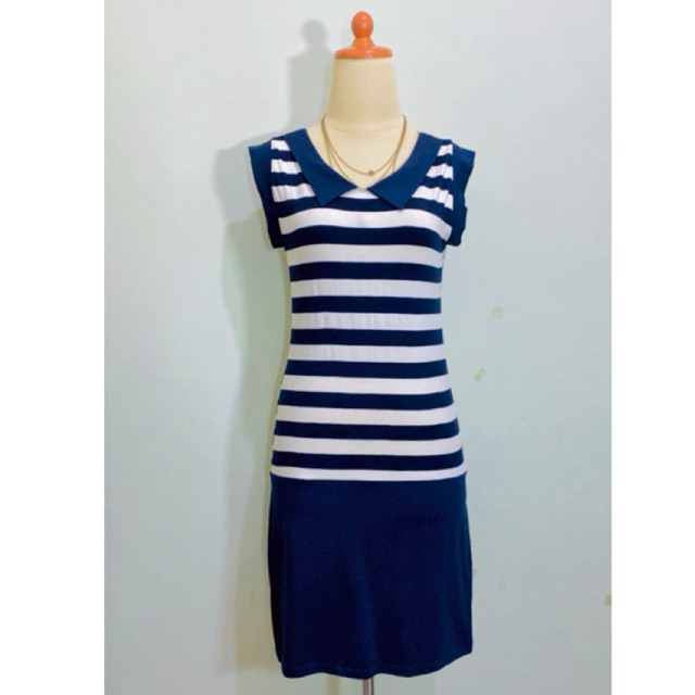 Jual Dress midi mini bahan stretch tebal motif garis garis salur kerah model sailor di belakang ...
