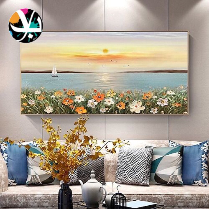 Jual Lukisan kanvas pantai dan bunga - morning glory - lukisan sunrise ...