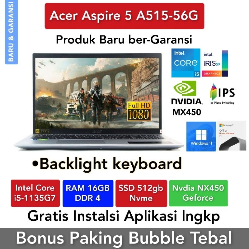 Jual Laptop Acer Aspire 5 A515-56G Core i5-1135G7 16Gb 512Gb Nvdia MX450 15,6" Ips | Shopee ...