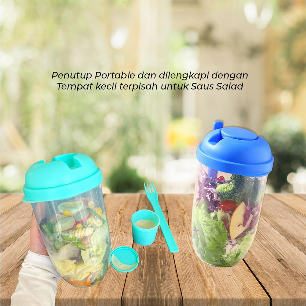 Jual Botol Salad Transparan 1000ML dengan Sendok Garpu Portable / Gelas ...