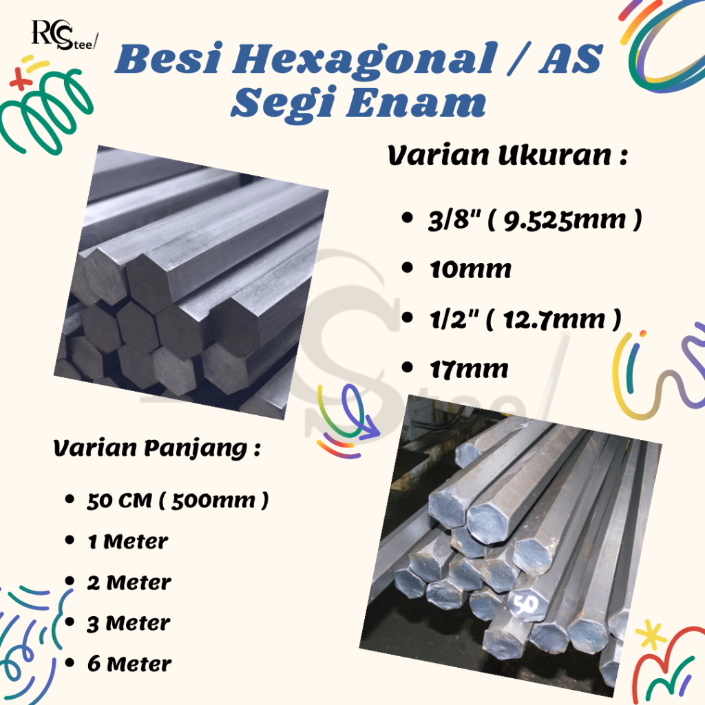 Jual Besi AS Hexagonal / As Segi Enam Diameter 1/2 Inch ( 12.7mm ) x 50 ...