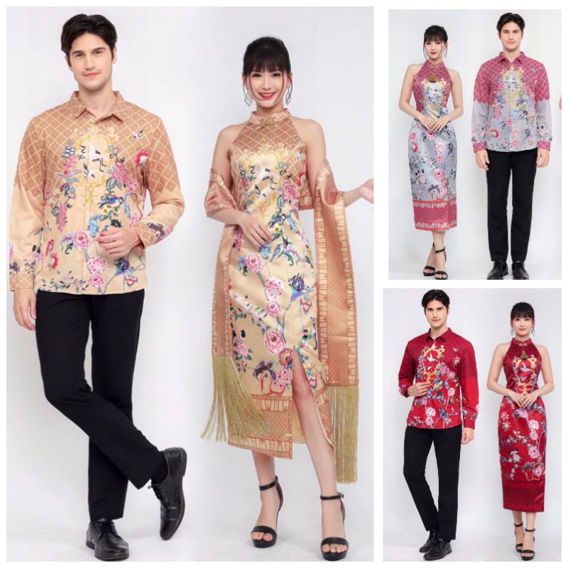 Jual couple dress cheongsam gold merah maroon pink dan changsan kemeja ...