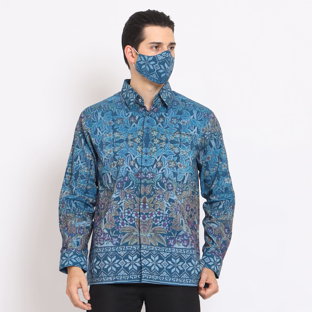 Jual Tenun eBoon Kemeja Tenun Ikat Lukis 3D Lengan Panjang Kembang Biru ...