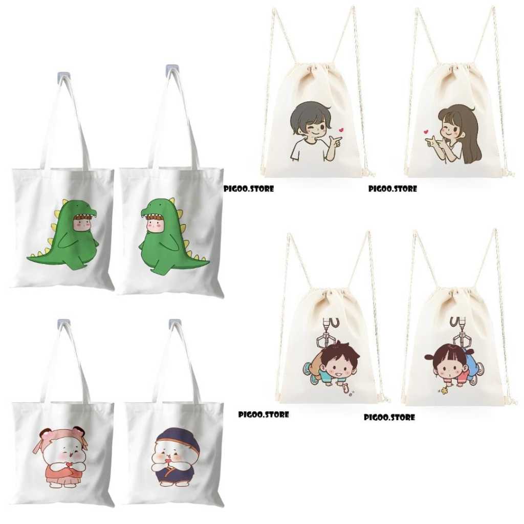 Jual Tote Bag Tas Serut Kanvas Couple Pasangan / Tas Couple Lucu / Tas ...