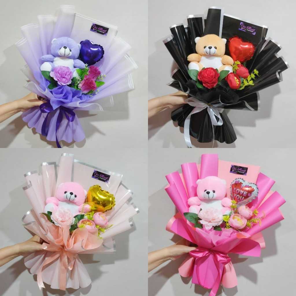 Jual Buket Bunga + Boneka Bear Edisi Valentine + Balon Foil Love Buket ...