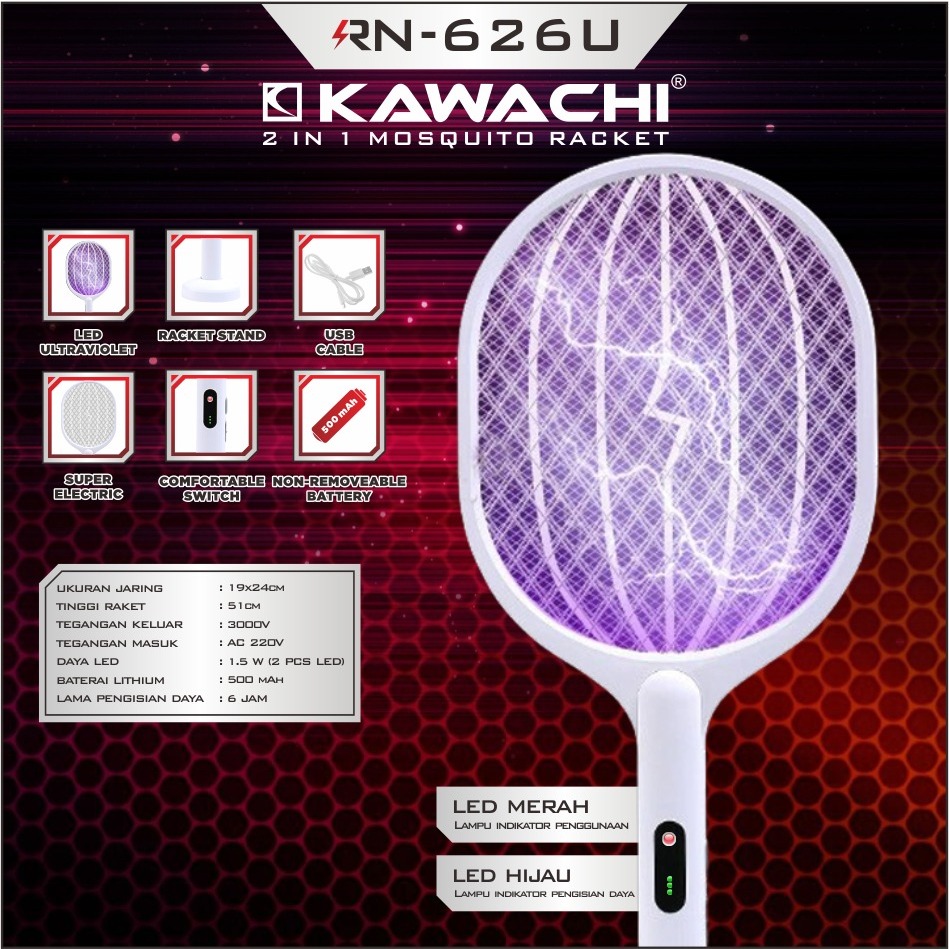 Jual Kawachi Raket Nyamuk 2 in 1 Led Ultraviolet Super electric RN-626U KAWACHI Terdapat Stand ...