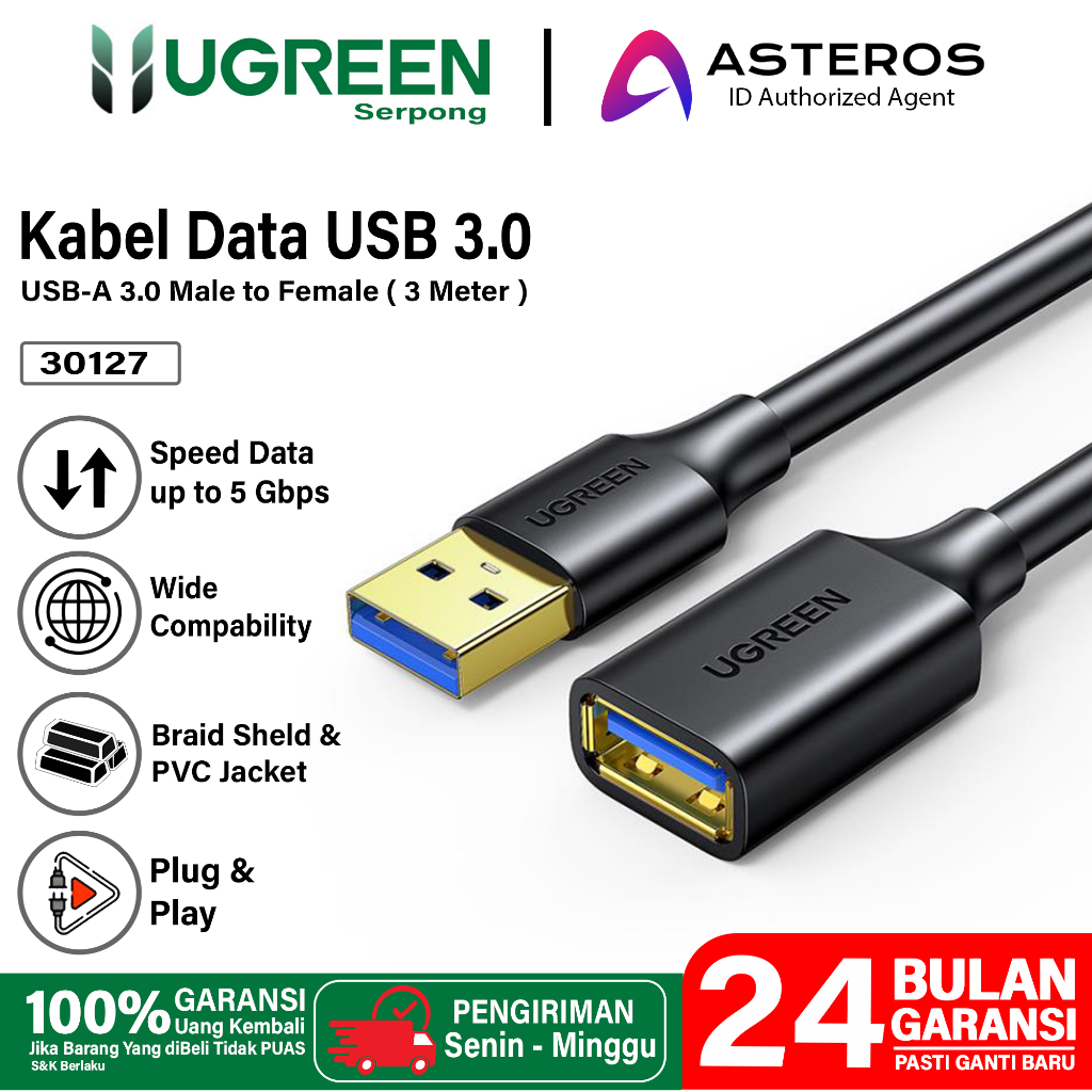 Jual UGREEN Kabel USB 3.0 2.0 Extension Male To Female Round Cable 3m ...