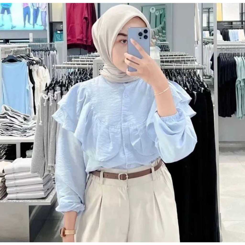 Jual Blouse Ruffle Polo Linen | Shopee Indonesia