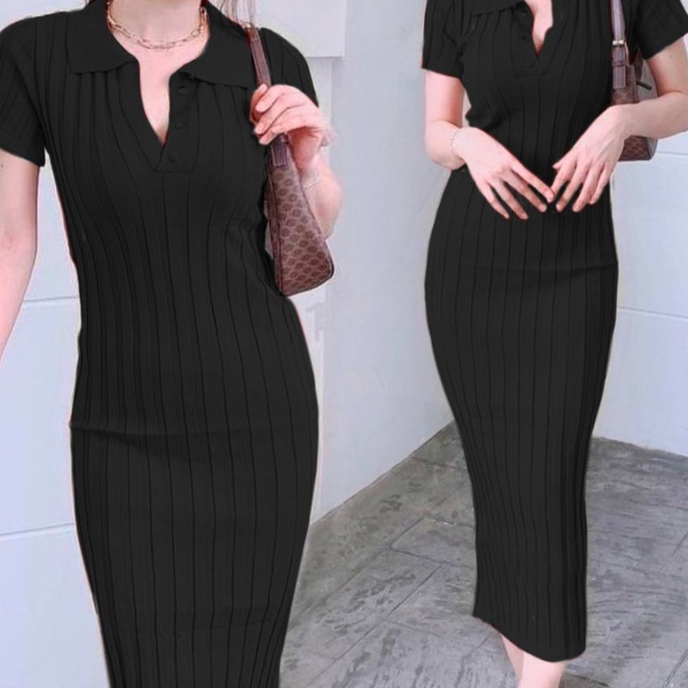 Jual DRESS WANITA LONG DRESS KERAH POLO - LONG DRESS RAJUT PRESS BODY PREMIUM | Shopee Indonesia