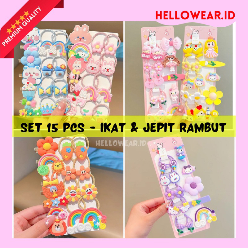 Jual Set 15pcs Jepit dan ikat rambut anak jepitan karet rambut anak ...