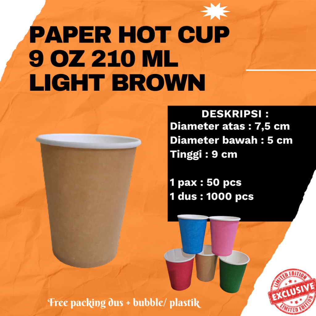 Jual Paper Hot Cup 9 oz 210 ml Mocca LIGHT BROWN Gelas Kertas isi 50 pcs edisi warna warni ...