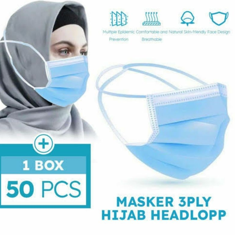 Jual Masker Hijab 3Ply Face Mask anti Debu Virus isi 50 Pcs FACEMASK ...