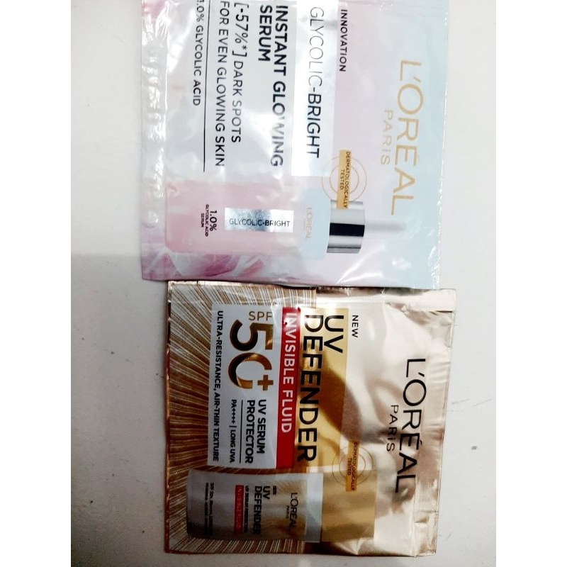 Jual L'OREAL Sunscreen & GLYCOLIC Bright Instant Glowing Serum Sachet ...