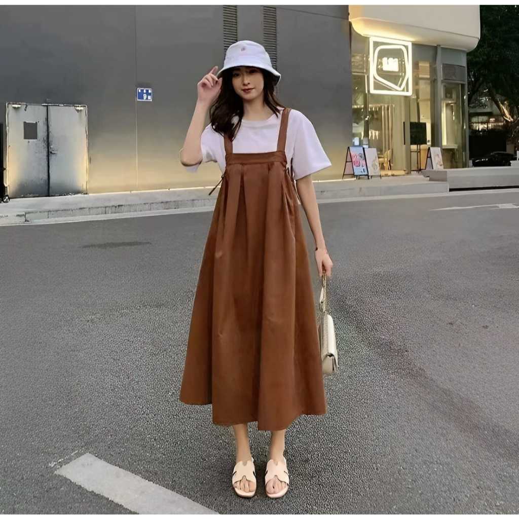 Jual Chiquita Overall Dress Wanita Panjang Linen Polos Korean Style ...