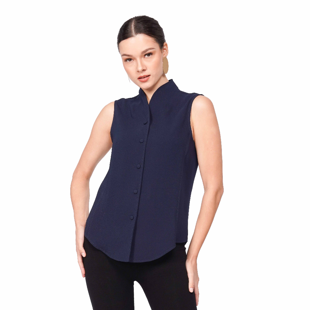 Jual KRATON Navy Crepe Imperial Collar Sleeveless Top Women | Shopee ...