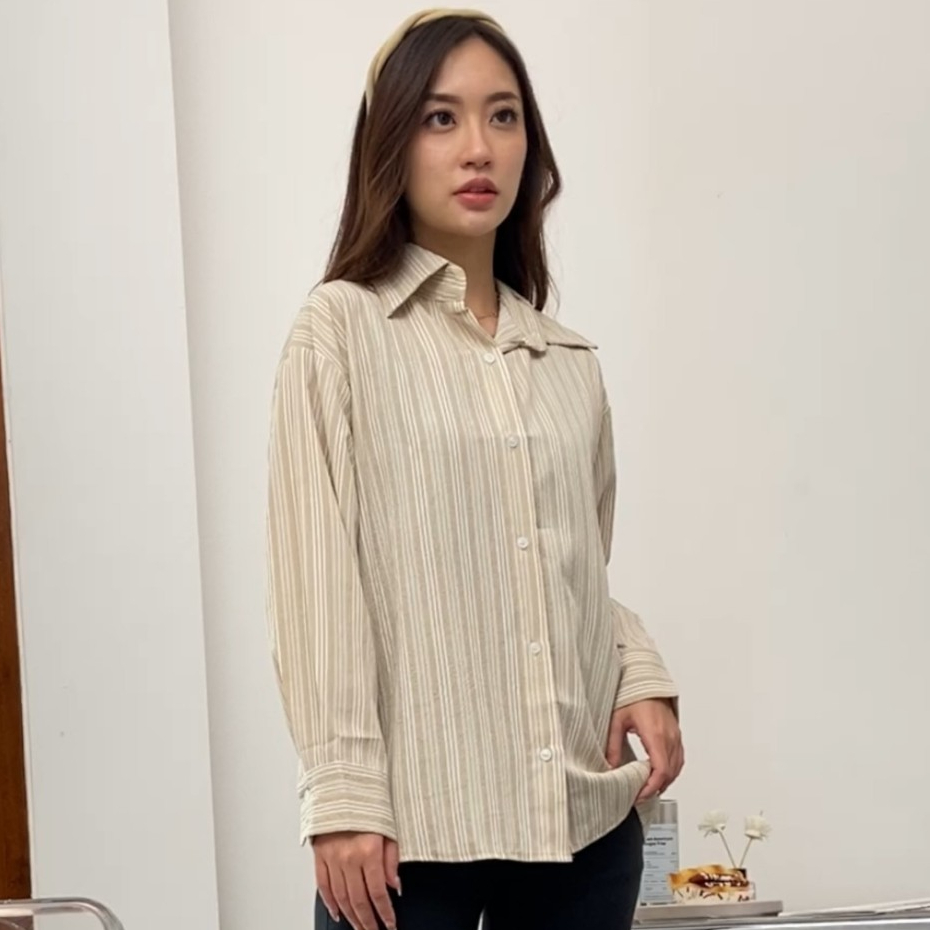 Jual ALOHA Kemeja Stripe Wanita Crinkle Oversize 2102 Salur Atasan Stripe Kemeja Santai Oversize ...