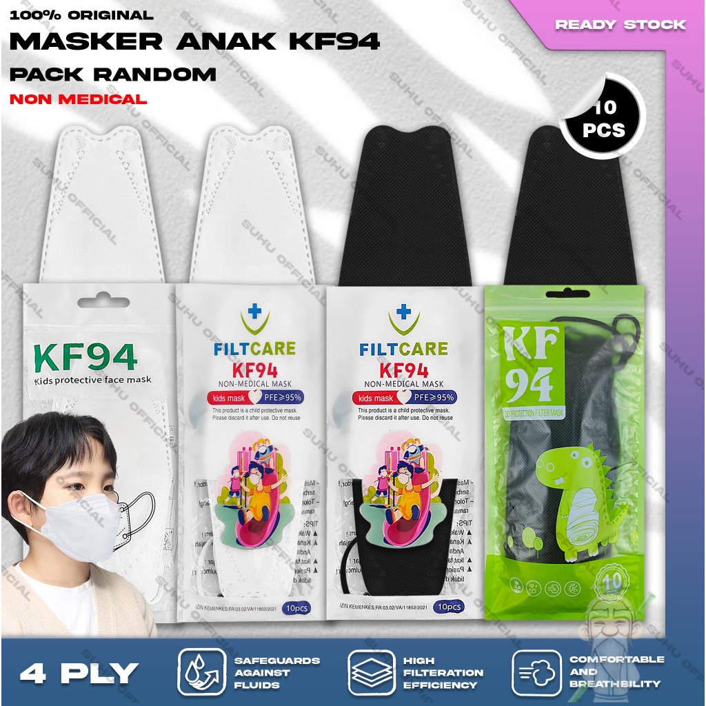 Jual Masker Anak KF94 Sachet 4Ply isi 10Pcs Putih Hitam Abu Warna KF 94 4 Ply Earloop Kemenkes ...