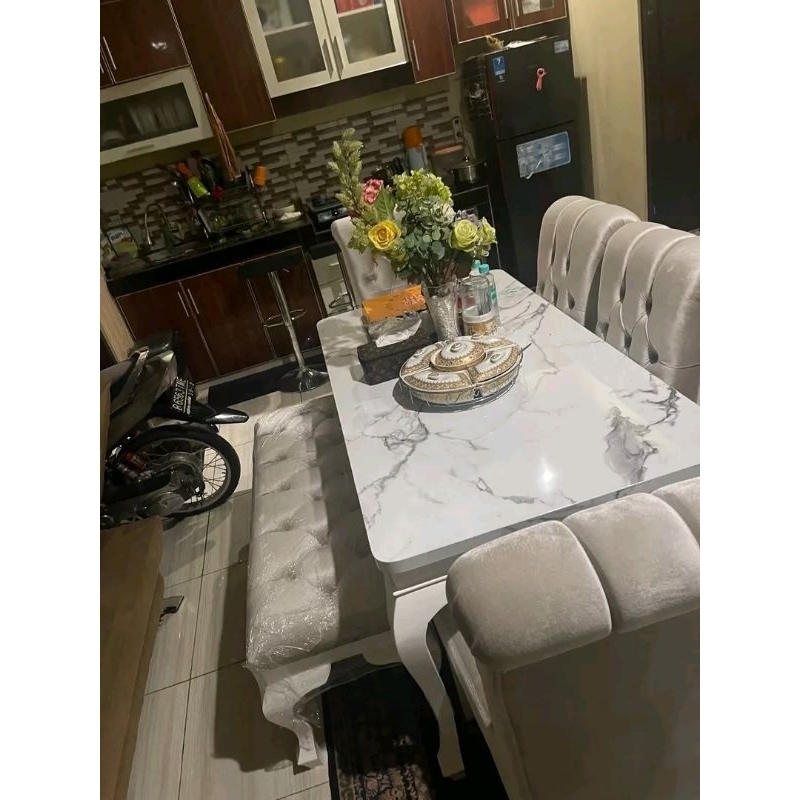 Jual 4 kursi makan custom, bangku 120cm meja 150cm HPL motif marmer ...
