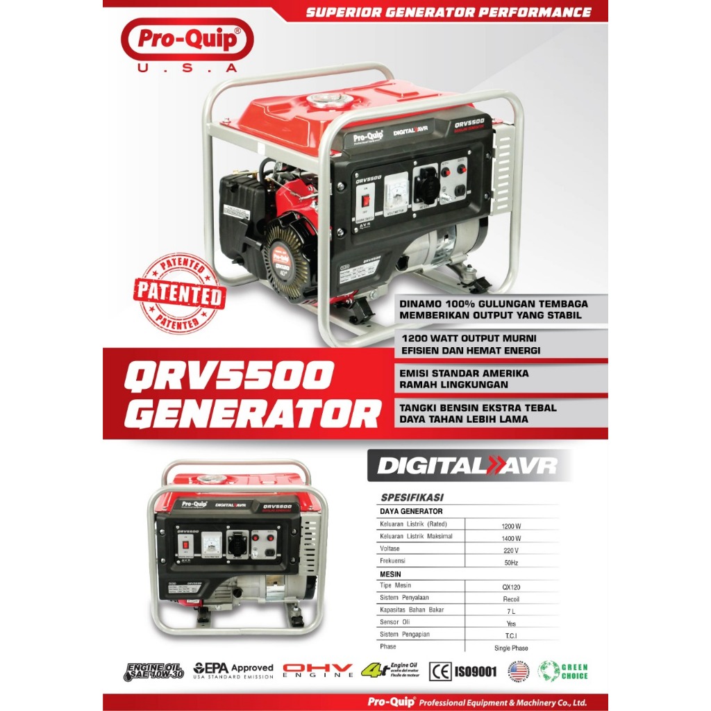 Jual Proquip Genset Generator Bensin 1400 1200 watt QRV 5500 QRV5500 ...