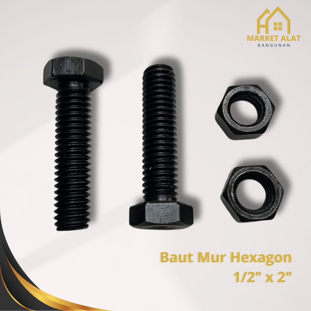 Jual Baut Mur Hexagon 1/2 x 2 UNC Baja Hitam Kunci 19 / Full Set Baut Hex Besi Hitam Drat Kasar ...