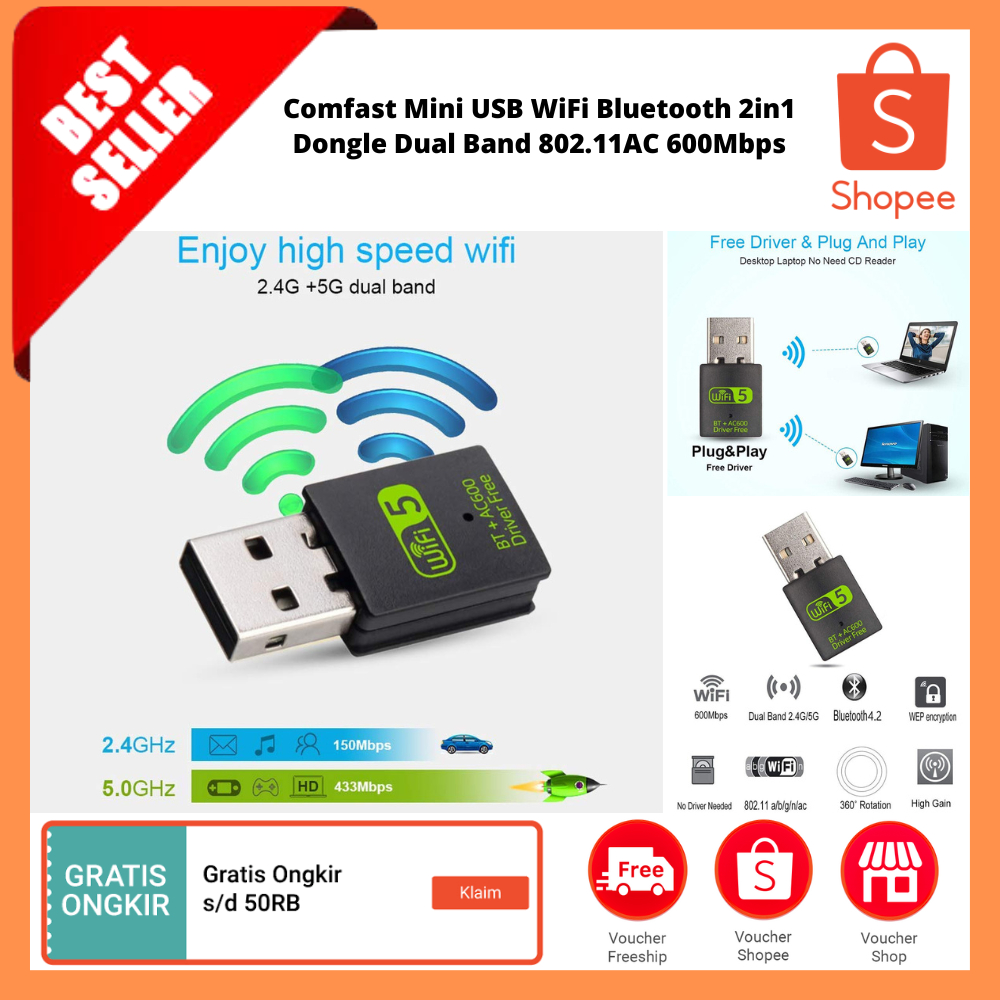 Jual Mini USB WiFi Bluetooth 2in1 Dongle Dual Band 802.11AC 600Mbps ...