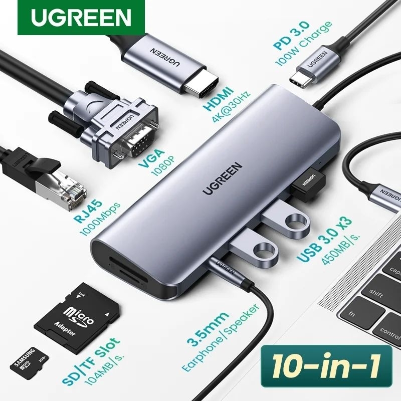 Jual Ugreen 10 in 1 USB Hub Multifuntion Type C to VGA HDMI RJ45 Audio TF SD Card | Shopee Indonesia