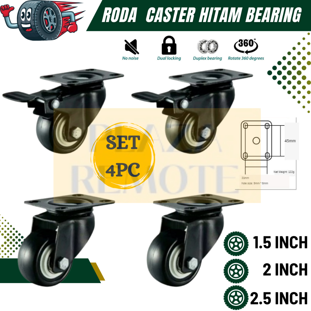 Jual RODA TROLY CASTER DENGAN BEARING HITAM RODA HIDUP REM SET 4 PC ...