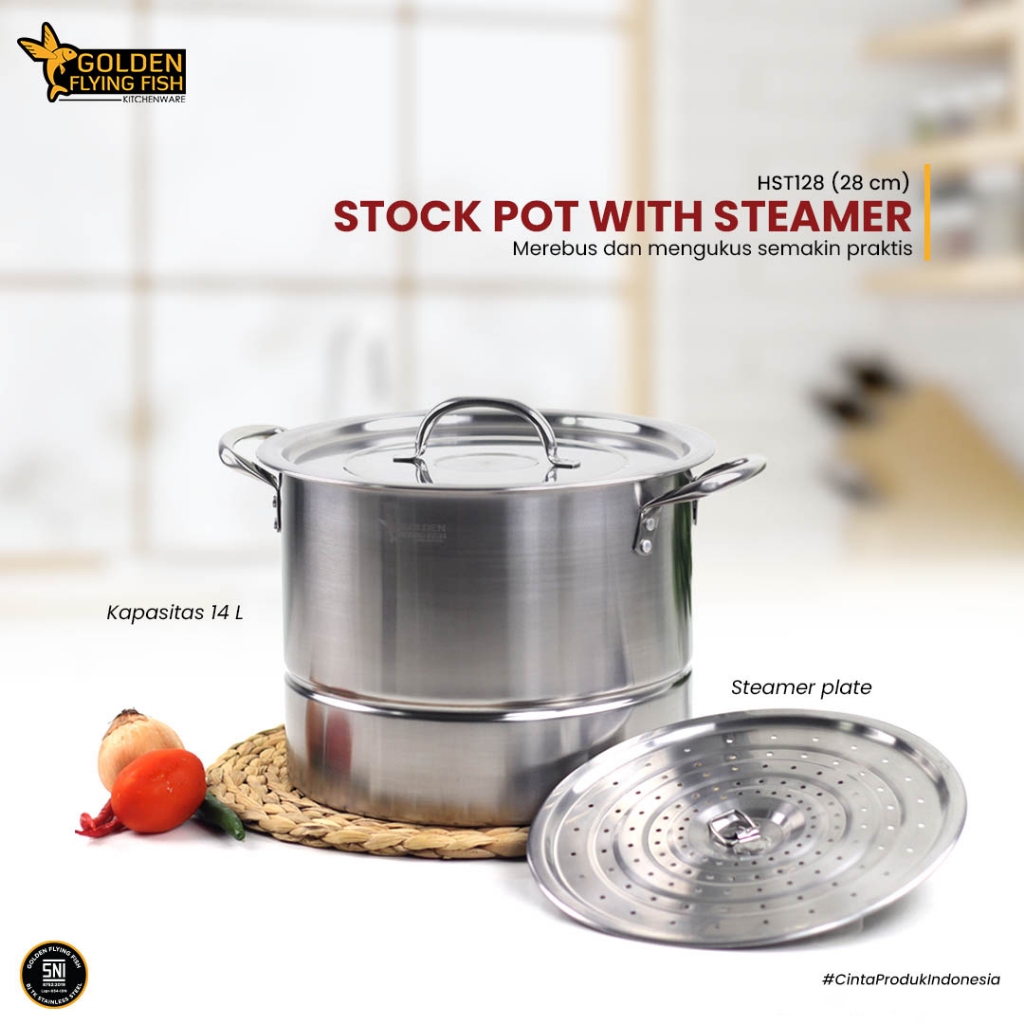 Jual Stock Pot + Steamer Stainless Steel 28cm , HST128 Golden Flying Fish | Shopee Indonesia
