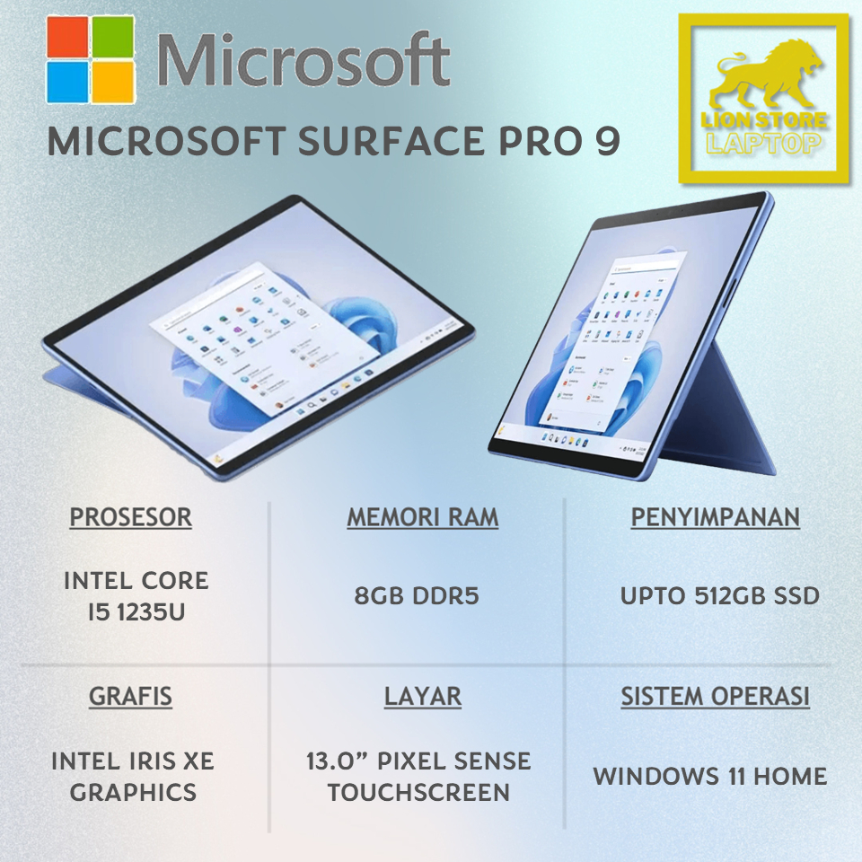 Jual Laptop Kerja Microsoft Surface Pro 9 Intel Core i5 1235U 8GB 512GB SSD Touchscreen 2in1 ...