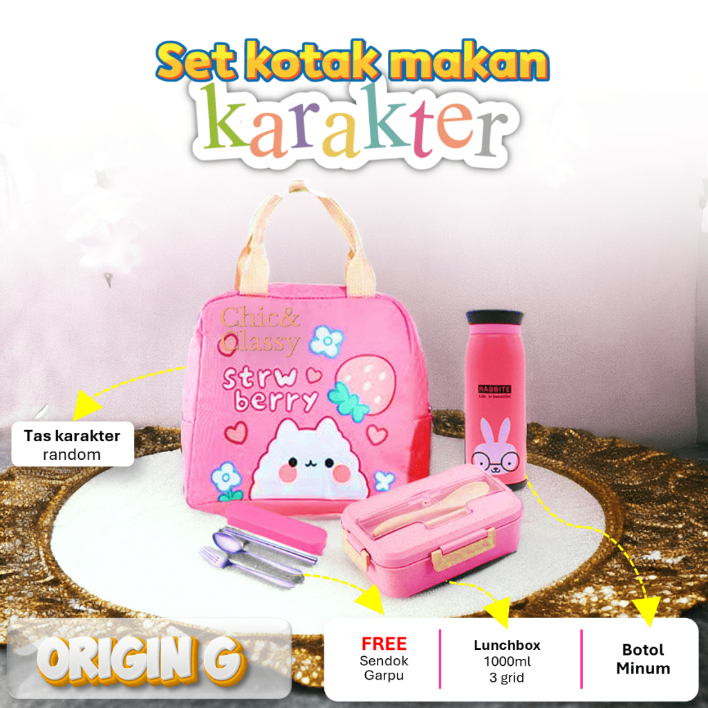Jual ORIGIN G || Kotak Makan Lunch Box Sendok Garpu Tas Bekal Botol Minum Termos Set Bekal ...