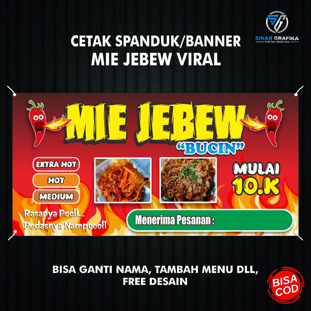 Jual Spanduk banner mie jebew, mie level pedas, mie setan | Desain ...