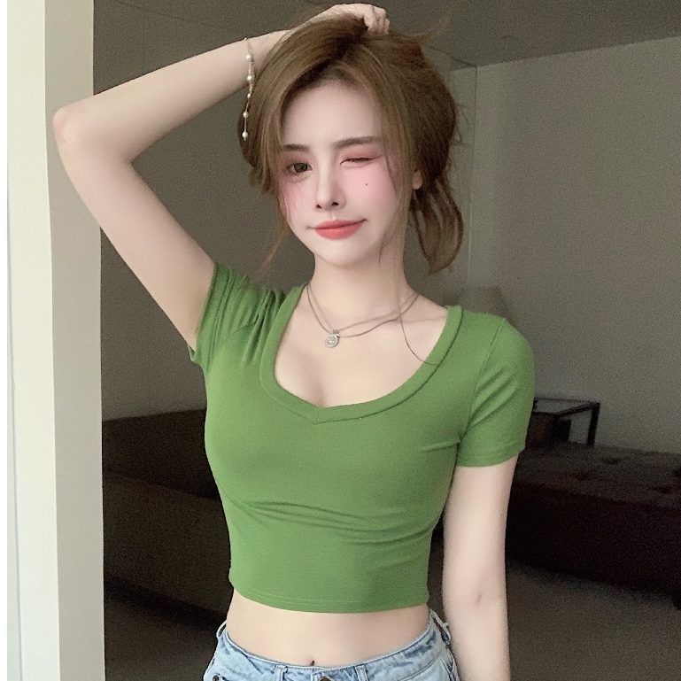 Jual U Neck Slim Fit Crop Tee Top T Shirt 1485 S Xl Shopee Indonesia