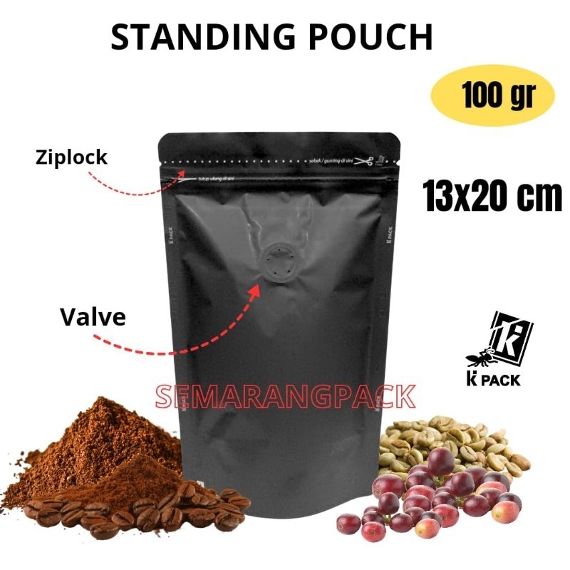 Jual kemasan kopi 100 gram 13x20 standing pouch kpack hitam + valve | Shopee Indonesia