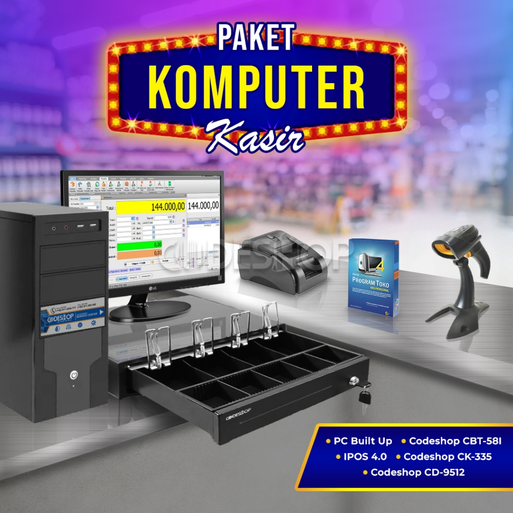 Jual Paket Komputer Kasir Ipos 4 Software Kasir + Codeshop CD-9512 Scanner Barcode + CBT-58i ...